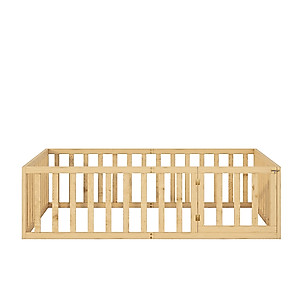 Bellemave Full Size Floor Bed for Kids, Montessori Bed Frame with Fence-Shaped Guardrails and Door, Wooden Floor Full Bed for Kids, Toddler, Boys Girls (Natural, Full Size)