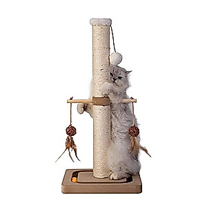 PEEKAB Cat Scratching Post Premium Sisal Toll Scratch Posts with Tracking Interactive Toys Vertical Scratcher for Indoor Cats and Kittens- 25 inches Beige