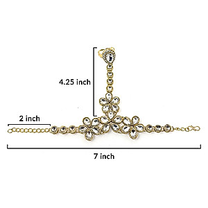 Duel On Jewel Traditional Indian Ethnic Womens Bridal Wedding Party Gold Plated Hand Piece Ornament Haath Phool Bracelet Set Attached with One Adjustable Ring in White Kundan Stone