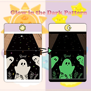 Halloween Luminous Table Runner Cute Ghost Floral Stars Noctilucent Runner Farmhouse Holiday Home Party Kitchen Dining Table Glow in The Dark Indoor Outdoor Decoration 13x72 Inch