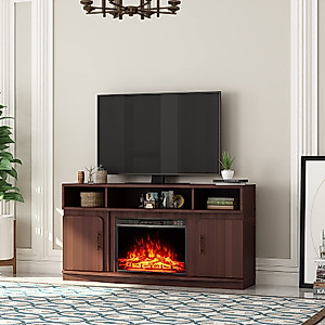 EROMMY 59'' Fireplace TV Stand with 23'' Electric Fireplace Insert, Entertainment Center with Adjustable Shelves, TV Console for TVs up to 65'' for Living Room, Bedroom, Office, Rustic Walnut
