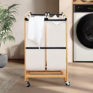 STO STO Laundry Sorter 2 Section with Bamboo Frame, 2 Bag Laundry Hamper, Rolling Laundry Cart Basket with Lockable Wheels and Removable Bag for Clothes Storage in Laundry Room and Bedroom, Beige
