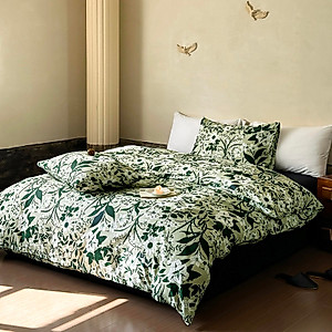 MKXI Green Floral Duvet Cover White Flowers Patterned Tropical Bedding Set Queen Size Print Duvet Cover Set for Girls Generous Plant Duvet Cover 100% Cotton Bedding
