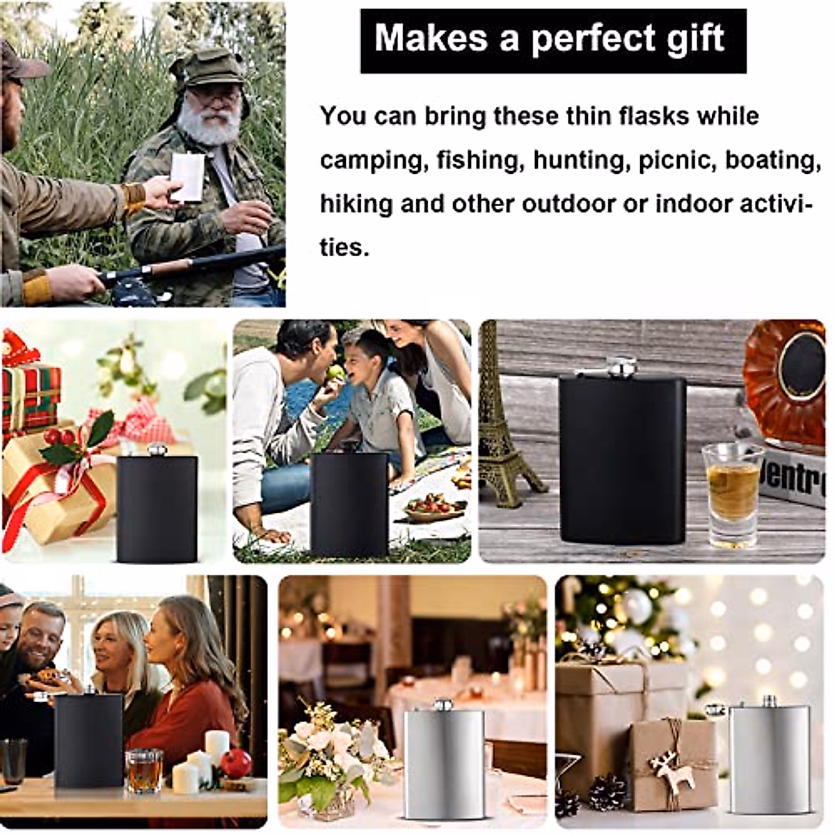 Hip Flasks for Liquor for Men Women Black 8OZ Hip Flask with Silver lid with 1 pcs Funnel for Wedding Party Groomsman Bridesmaid Birthdays Gift