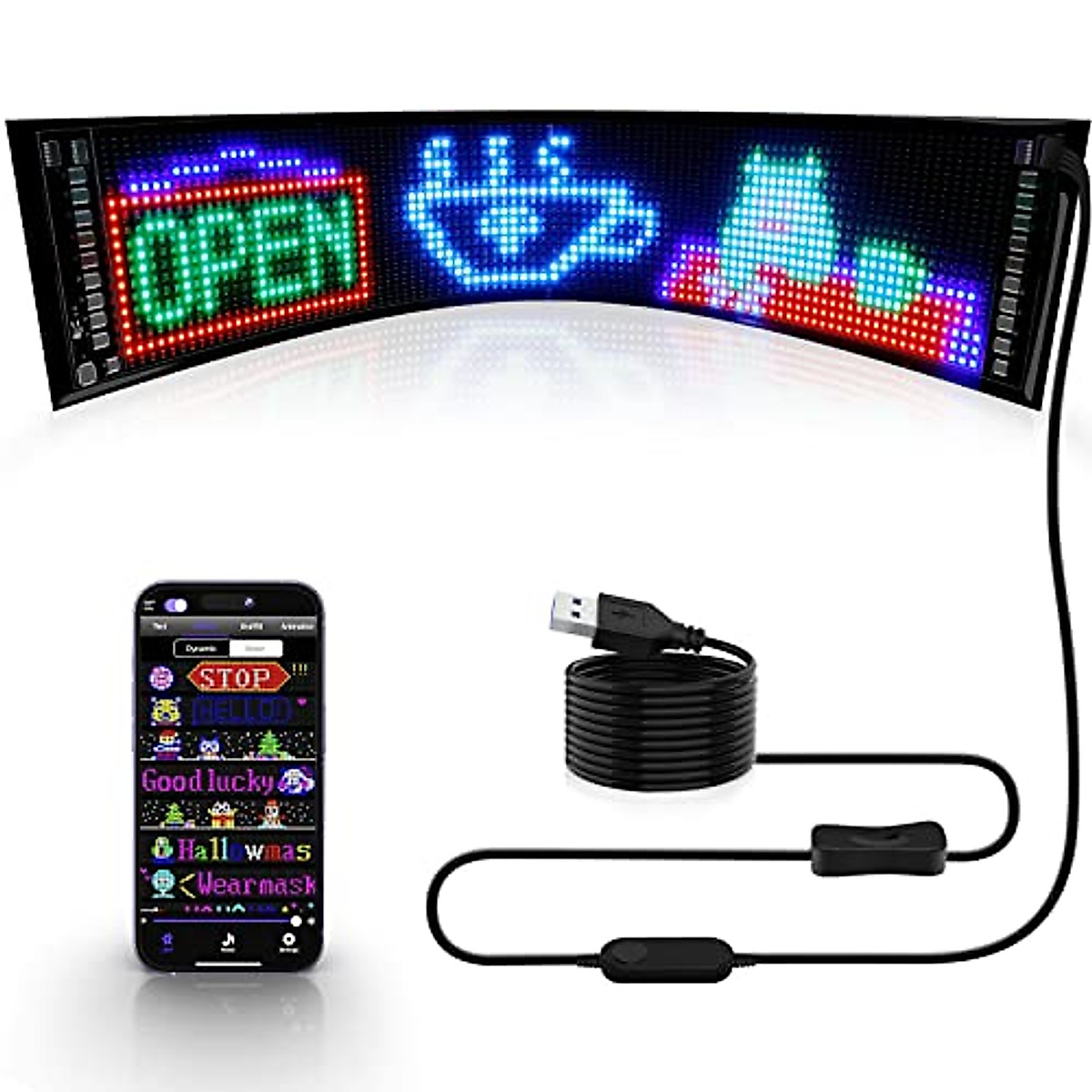 KJOY Programmable Huge Bright LED Signs, 27''x5'' Scrolling USB 5V LED Store Sign, Bluetooth App Control Custom Text Pattern Animation, Flexible LED Display for Car Store Party Bar Hotel