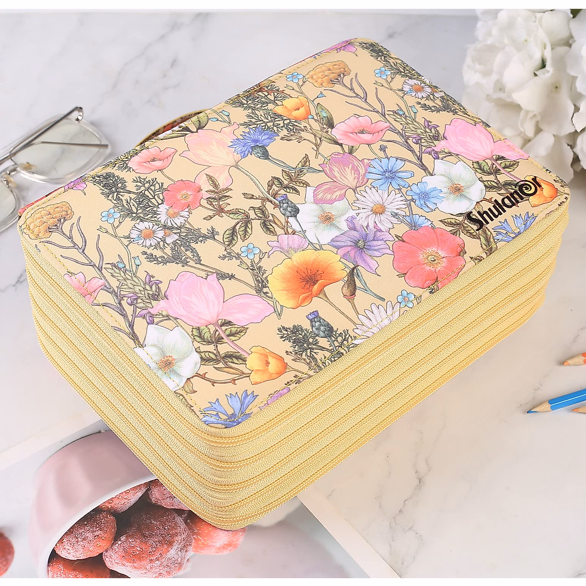Shulaner 250 Slots Colored Pencil Case Organizer with Zipper Large Capacity Pen Holder Bag for Artist Yellow Flower
