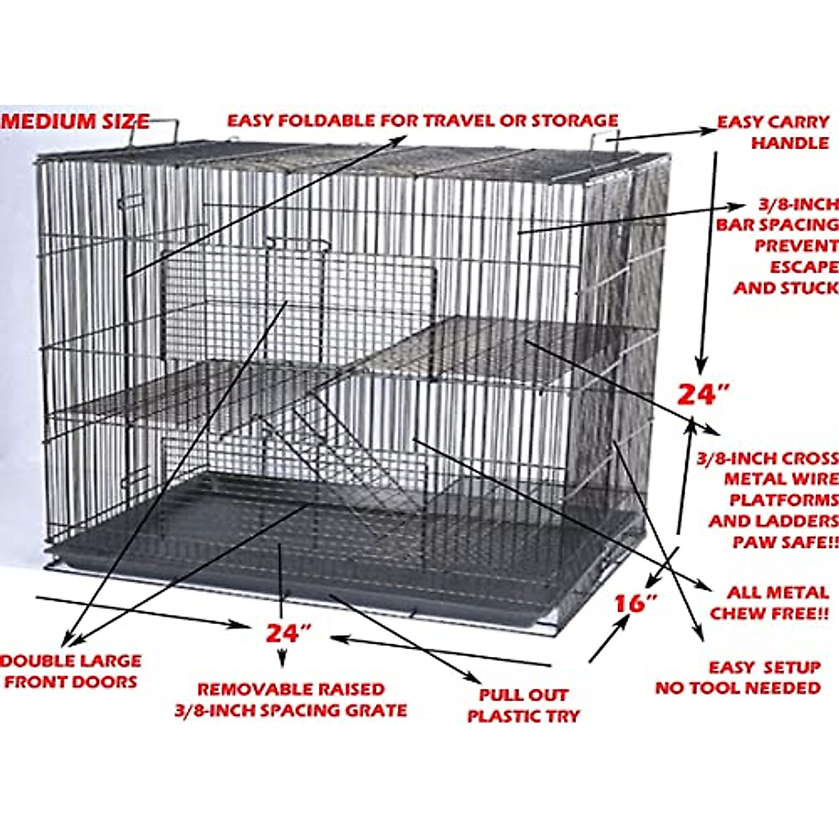 Small Animal Critters Cage Sugar Glider Chinchilla Ferret Rats Mouse Mice Habitat (24" Length x 16" Depth x 24" Height, Black)