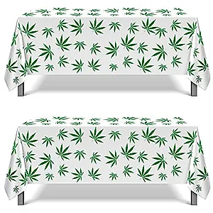 2 Pieces 54 x 108 inch Weed Leaf Tablecloth Pot Leaves Tablecloth Marijuana Table Covers Disposable Rectangular Table Covers for Party