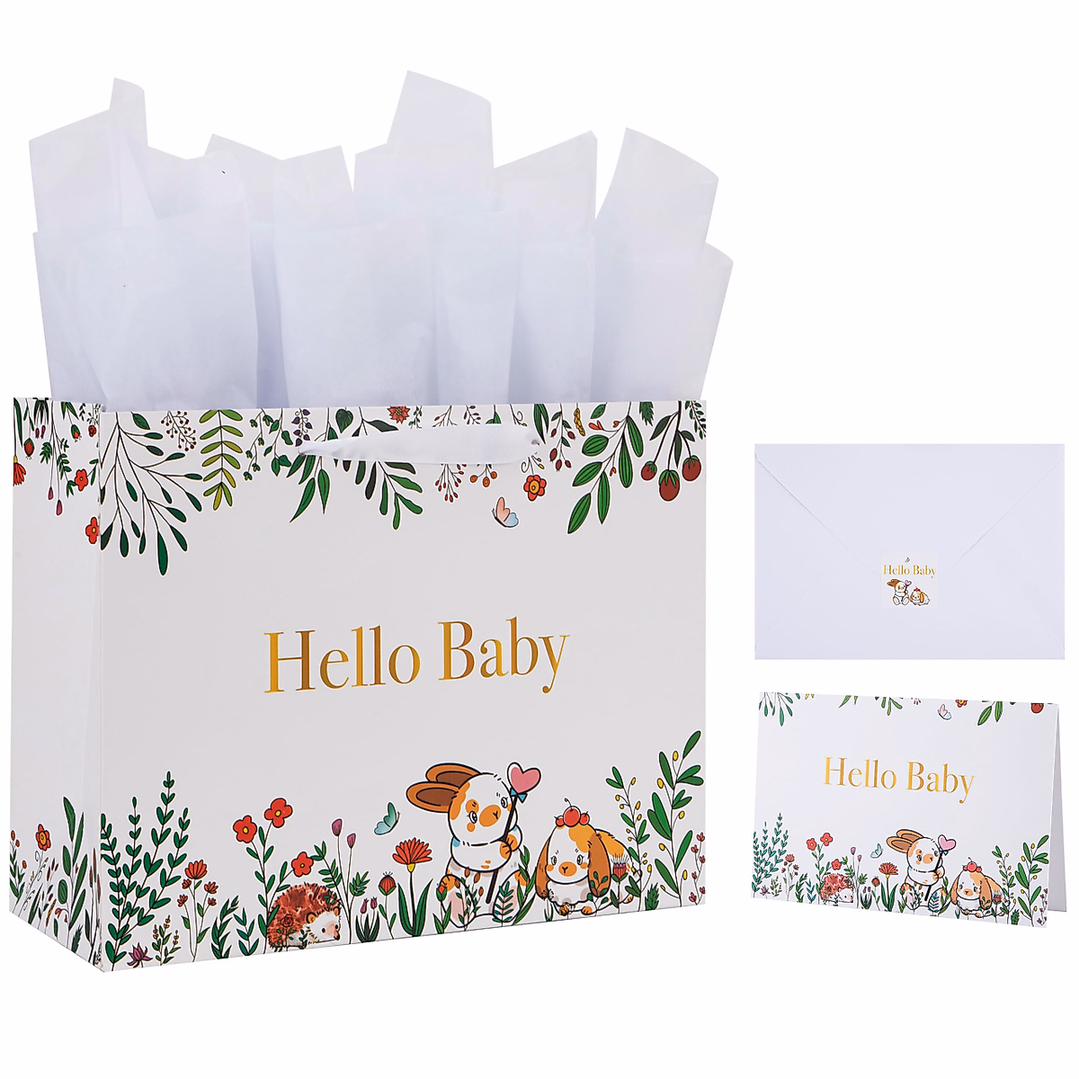 13" Large White Gift Bag Set with Greeting Card and Tissue Papers (Hello Baby Design) for Girls' Birthday Party, Baby Shower, Baby Girl or Boy, Women's Birthday Parties - 13”x5.2”x10.2”, 1 Pcs.