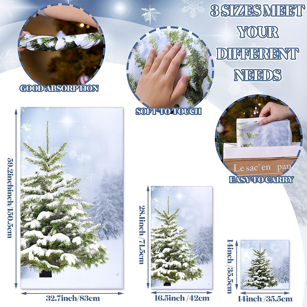 Preboun 3 Pack Christmas Trees Bathroom Towels Set Snowflake Hand Towels Xmas Tree Bath Towels Winter Forest Dish Towels Soft Absorbent Fingertip Towel for Kitchen Bathroom Hotel Beach Home Gym Spa
