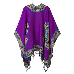 Urban CoCo Women's Fashionable Retro Style Vintage Pattern Tassel Poncho Shawl Cape (series 2 Purple)
