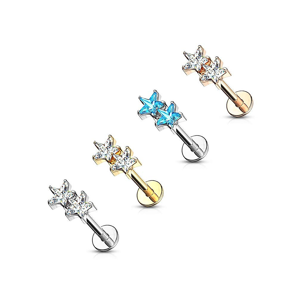 Pierced Owl 16GA Twin CZ Crystal Star Top Monroe Labret Cartilage Ear Stud (Silver Tone/Aqua)