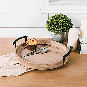 NIKKY HOME Farmhouse Round Wood Decorative Tray, Distressed Candle Tray with Metal Handles, Centerpiece Decor for Coffee Bar, Kitchen Counter, Dining Room Table - Natural Wood