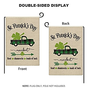 Happy St Patrick's Buffalo Plaid Truck Garden Flag Vertical Double Sided, Lucky Clover Shamrock Arrow Loads of Luck Yard Outdoor Decoration 12.5 x 18 Inch-L35