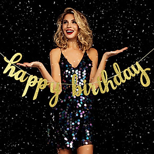 Gold Glitter Happy Birthday Banner Happy Birthday Gold Banner, Gold Happy Birthday Sign for Gold Birthday Party Banner Decorations