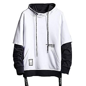 Thenlian Men's New Fashion Loose Stitching Fake Two-piece Hooded Sweater Splice Top (XXXL, White)