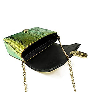 Remeehi Hologram Snake Skin Leather Shoulder Bag Crossbody Bag with Chain (Hologram Green)