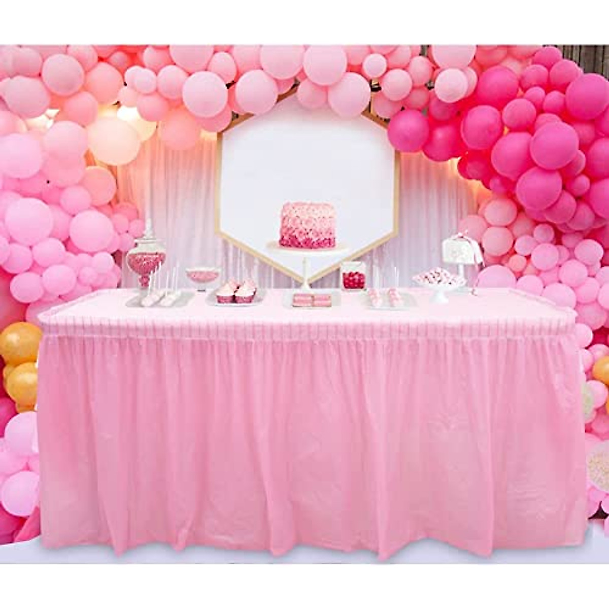 Pink Plastic Table Skirt & Tablecloth Set, 14FT Disposable Table Skirting Includes Table Cover for Rectangle Table, Birthday Party, Baby Shower Decorations