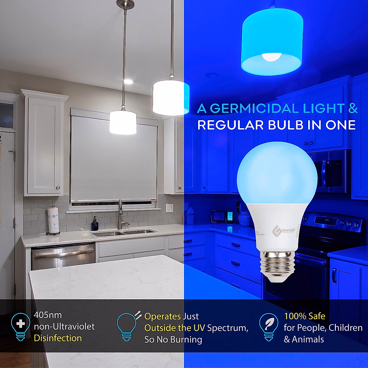 GLI Blue Light Germicidal Light Bulb – 100% Safe Non-UV - Switches from Sanitizer to Std 800 Lumens Bulb – Portable Disinfection, Screws into any E26 Socket – Kills 99% Germs & Pathogens – Ozone Free