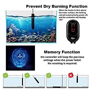 AQQA Submersible Aquarium Heater,100W/200W/300W/500W/800W/1200W Fish Tank Heater,External Temperature Controller LED Temperature Display with 2 Suction Cups Suitable for Saltwater and Freshwater