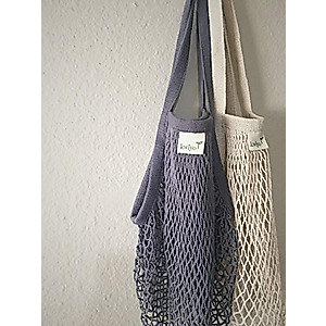 Reusable Grocery Net Bags, Cotton Mesh Tote, Farmer's Market Bags for Fruits and Vegetables, String Shopping Organizer, Storage Bag with Long Handles, 2 Packs (Beige, Gray)