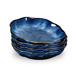 Ceramic Bowls Set for Pasta, Salad, Cereal, Dessert - 8 Inch Wide and Shallow Soup Plates, Serving Dishes Set of 4 Microwave, Dishwasher Safe, Blue