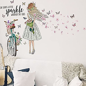 Prabahdak DIY Fairy Girl Bicycle Wall Stickers Flower Butterflies Wall Decals Removable Sparkle Girl Vinyl Wall Art for Girls Baby Nursery Bedroom Living Room