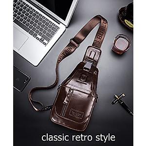 BULLCAPTAIN Genuine Leather Sling Chest Bag Multi-pockets Men Crossbody Bag Travel Casual Small Shoulder Backpack (Dark brown)