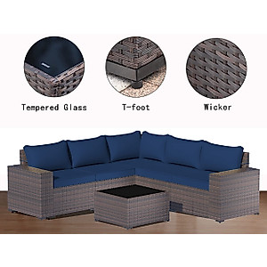 Halmuz 7 Piece Outdoor Patio Furniture Set with Propane Fire Pit, High Back PE Wicker Rattan Outdoor Sofa Conversation Set,Sectional Furniture Patio Set w/Tempered Glass Top Table&Gas Fire Pit(Navy)