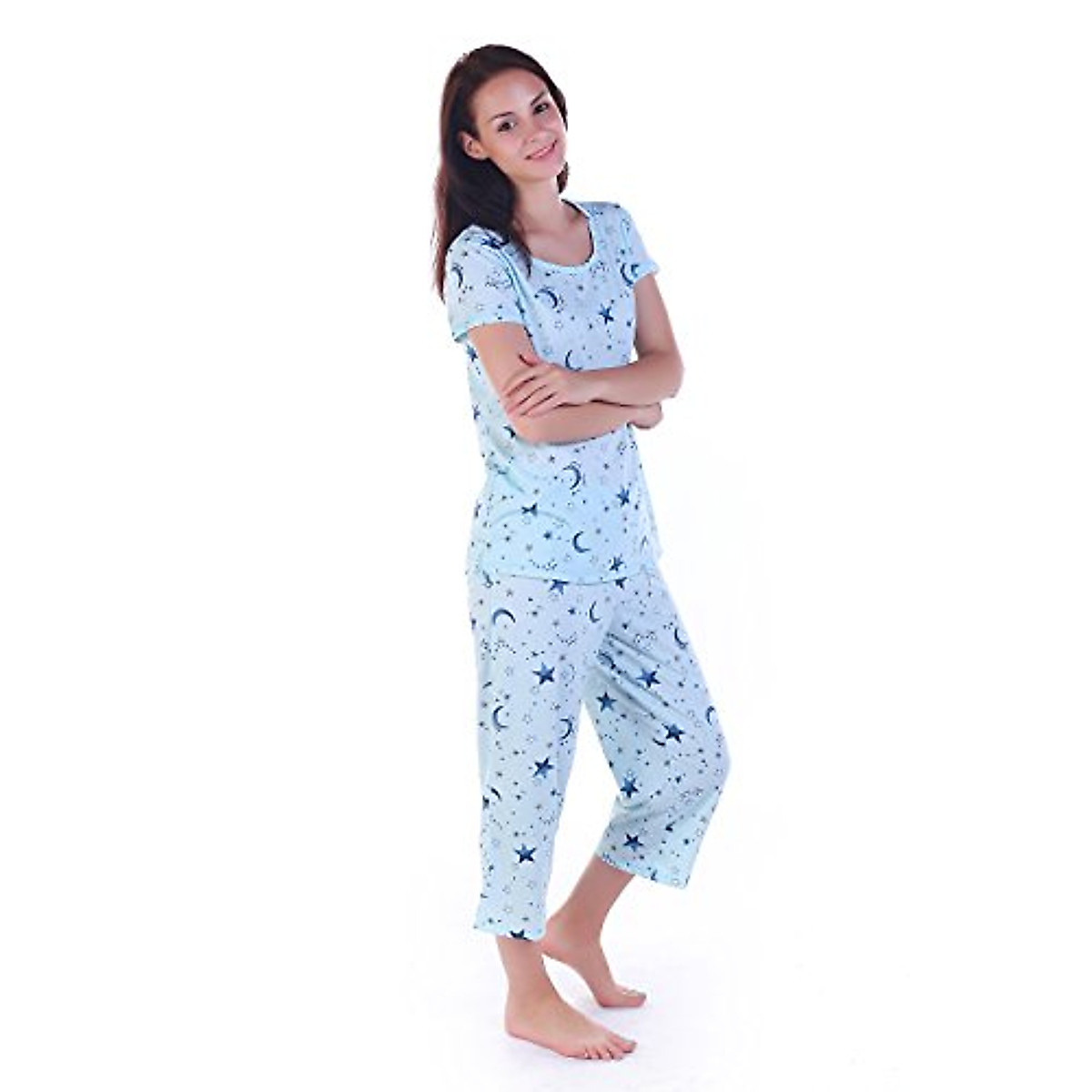 PNAEONG Women’s Pajama Set - Cotton-Blend Short-Sleeve Loose Top with Matching Capri Bottoms SY215-Blue Star-XL