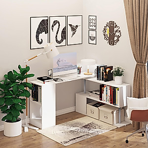 HOMCOM 55" 360° Rotating Corner Computer Desk Modern L-Shaped Home Office Workstation with 3-Tier Storage Shelves, Bookshelf, White