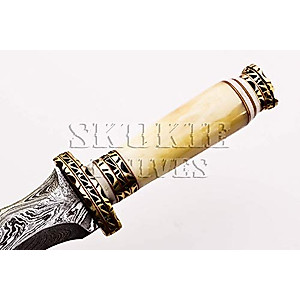 Skokie Knives HAND MADE DAMASCUS STEEL HUNTING DAGGER KNIFE WAVY BLADE WITH ORIGINAL CAMEL BONE
