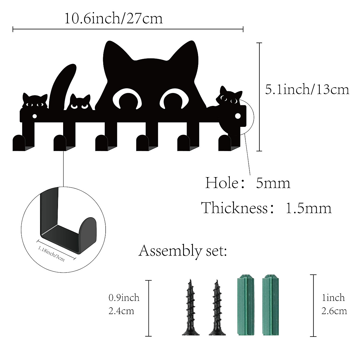 CREATCABIN Black Cat Key Holder for Wall Mounted Key Hook Metal Key Hanger Holder with 6 Hooks Metal Key Hanging Organizer Rack Wall Decor Hook for Entryway Front Door Hallway Office 10.6x5Inch