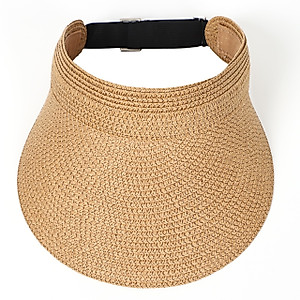 Womens Beach Straw Sun Visor Hat Ponytail Hole UV Protection Wide Brim Summer Cap Packable for Travel UPF 50+(Khaki)