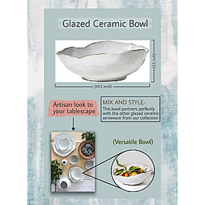 Serene Spaces Living Extra Large Free-Form Edge Glazed Ceramic Bowl - Fruit Basket, Dinnerware, Centerpiece for Vintage Weddings, Events, 10.5" Long, 8" Wide and 3.5" Tall