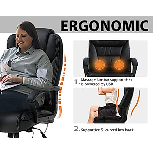 500 LBS Ergonomic Executive Office Chair, High Back Desk Chair with Massage Lumbar Support, Swivel Rocking Chair Computer Desk Chair with Padded Armrest and Adjustable Height, Black