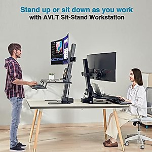AVLT Dual 32" Monitor Electric Standing Desk Converter with Huge Keyboard Tray Extra Large 28"x 16" Spacious Tabletop Motorized Automatic Height Adjustable Sit to Stand Table Sturdy Small Footprint