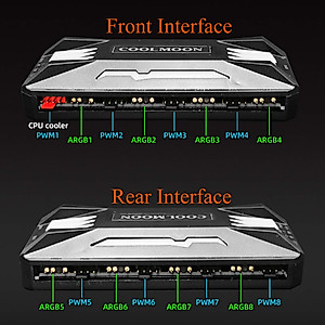 KLLsmDesign Pwm Fan Temperature Controller Integrator, Remote Control Computer RGB Light Adapter, 8 * 4 Pin Fan Speed Controller Ports, 10 * 5v 3pin A-RGB Ports with Magnet （Black）