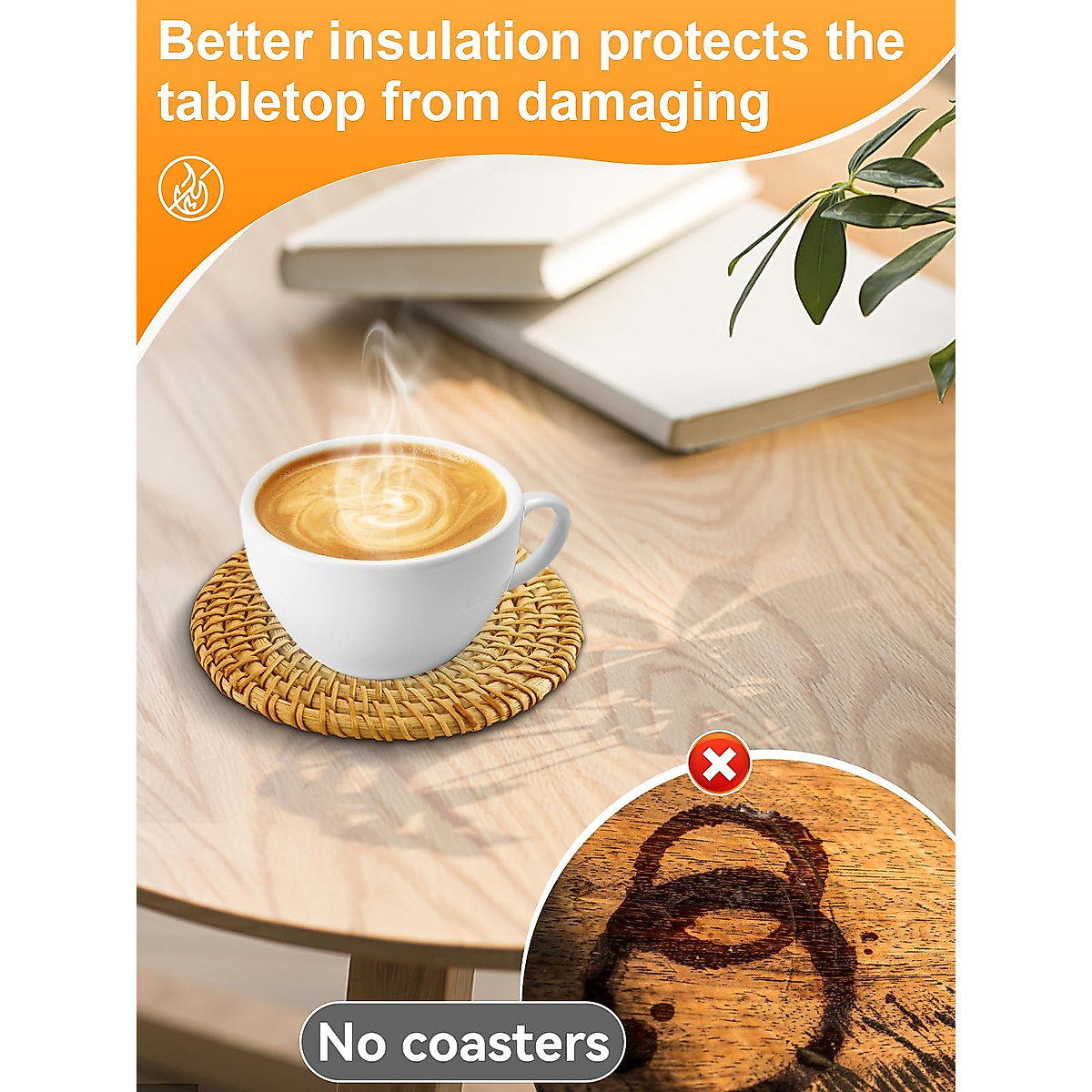 6pcs Handmade Rattan Coasters with Holder, Natural Wicker Boho Coasters Set, Heat-resistant Drink Coasters for Coffee Table Housewarming Gifts Hot Drinking Home Decor Protecting Table