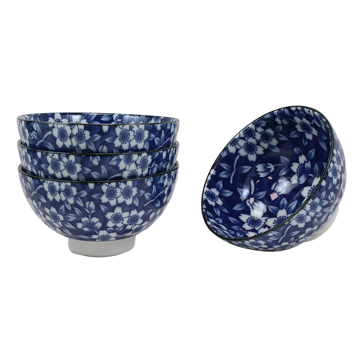 Ebros Gift Made in Japan Ming Style Blue And White Summer Floral Blossom Design 12oz Rice Soup Cereal Porcelain Bowls Set of 4 Home Decor Zen Asian Fusion Accent Housewarming Birthday Gifts Bowl Set