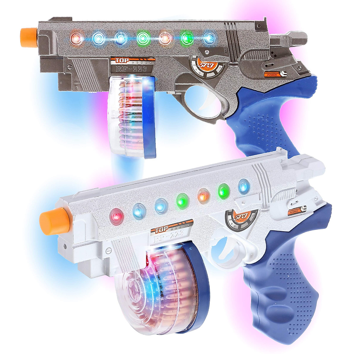 Mozlly Revolver Space Handgun Toy Set of 2 - Flashing LED Laser Guns for Kids with Sounds Effects, Realistic Blaster Gun Toy for Party Favors & Costume Dress Up Accessory Prop Pretend Play - 2 Pack