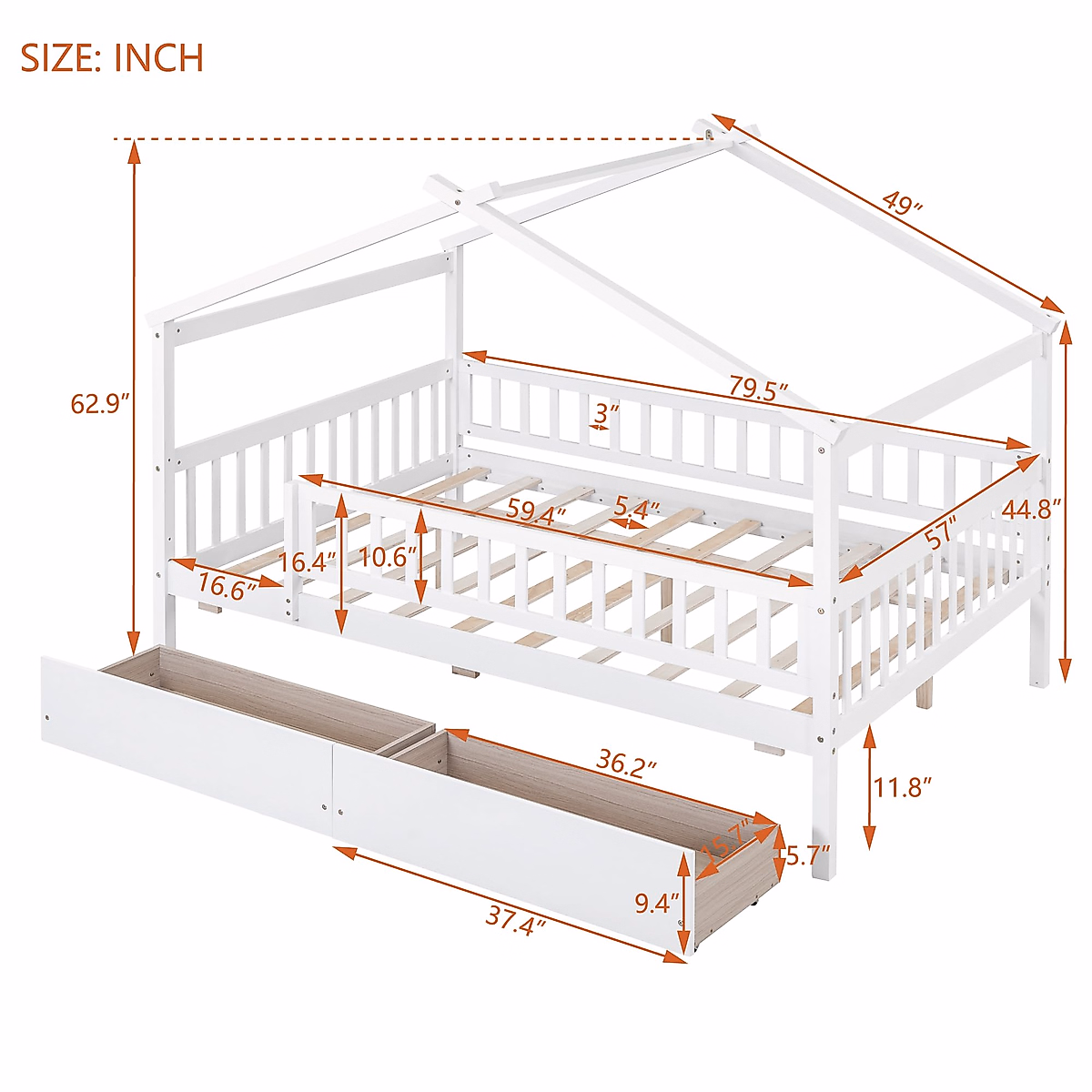 House Bed with Fence Storage, Full Size Montessori Style Beds with Railings and 2 Drawers, Wooden Playhouse Bed Frame for Kids Girls Boys, White