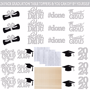 24 Pcs Graduation Centerpieces 2024 Silver, Graduation Centerpieces for Tables 2024 Silver Graduation Centerpiece Sticks for Graduation Party Decorations 2024 Silver