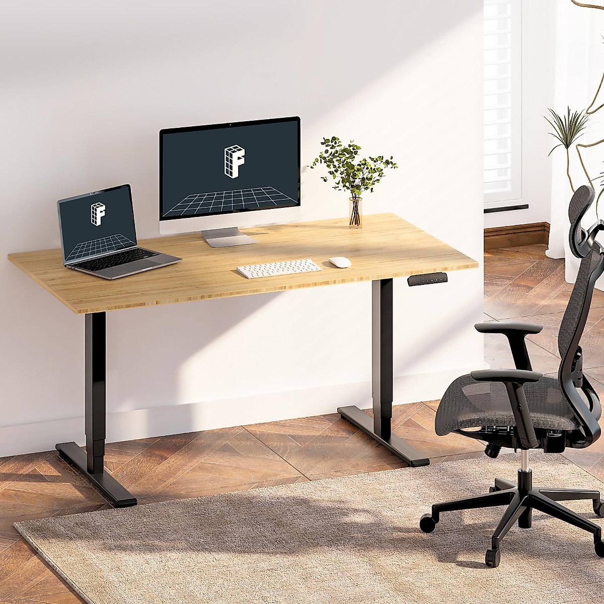 FLEXISPOT E6 Essential Bamboo 3 Stages Dual Motor 72x30 Inch Electric Height Adjustable Standing Whole-Piece Board Desk Sit Stand Up Desk (Black Frame + Bamboo Desktop)