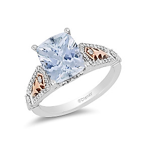 Jewelili Enchanted Disney Fine Jewelry Sterling Silver and 10K Rose Gold with 1/6 CTTW Diamond with Aquamarine Elsa Engagement Ring Size 8