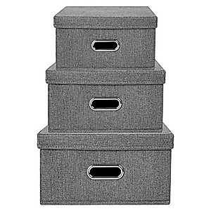 ANMINY Storage Box with Handles Removable Lids PP Plastic Board Foldable Lidded Cotton Linen Home Storage Cubes Bins Baskets Closet Clothes Toys Organizer Containers - Gray, Small Size