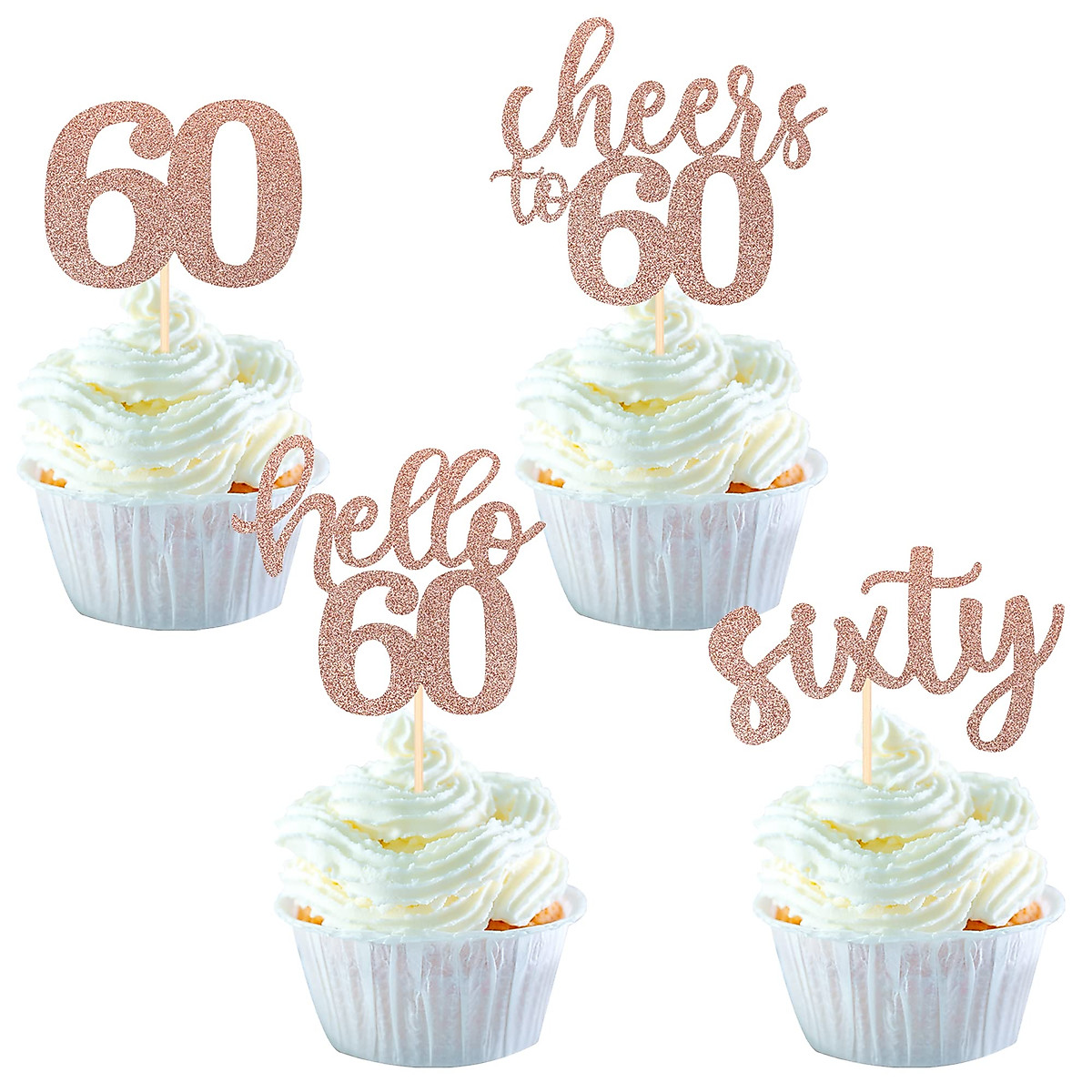 36 Pack 60th Birthday Cupcake Toppers Rose Gold Glitter Cheers to 60 Cake Toppers Hello 60 Sixty Cupcake Picks Decorations for 60th Birthday Anniversary Party Supplies
