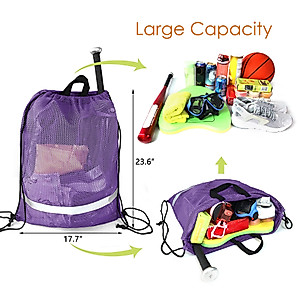 BeeGreen Purple Mesh Drawstring Bag with Pocket Beach Bag for Swimming Gear Pool Football Kickboard Backpack Large Sport Bag for Adults Foldable