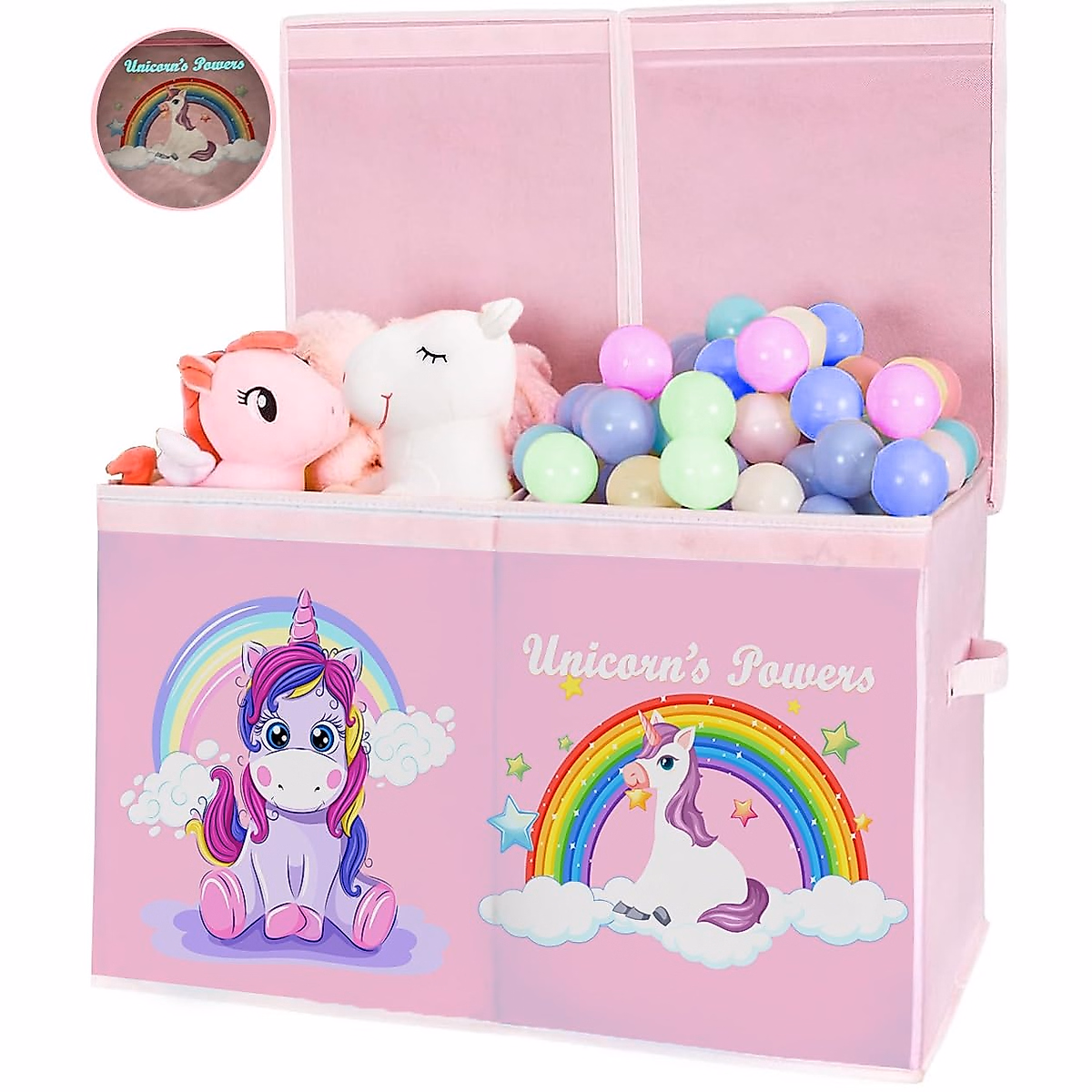 NINOSTAR Girls Unicorn Toy Storage Chest Glowing Décor Functional Organizer Cube Drop Fabric Box with Handles Perfect for Games, Parties, Birthdays