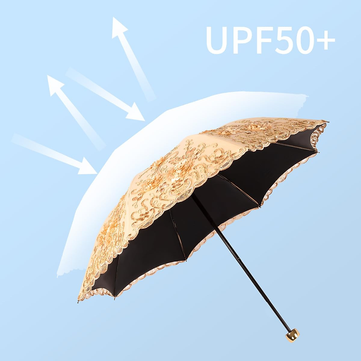 Aikelai Vintage Lace Umbrella, UPF50+ Sun Umbrella, 3D Flower Embroidery Compact Umbrella for Wedding Party and Photo Shooting (8331-yellow)